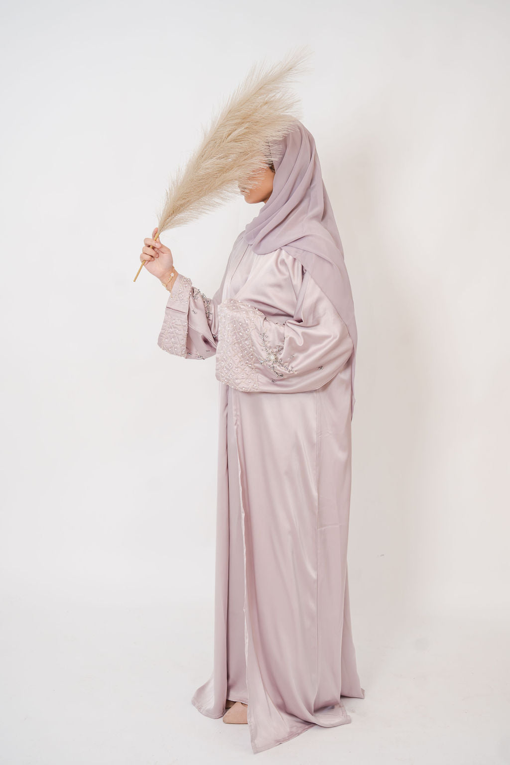 Amina’s Satin Open Abaya Collection- Lilac – Mystic Modest Wear