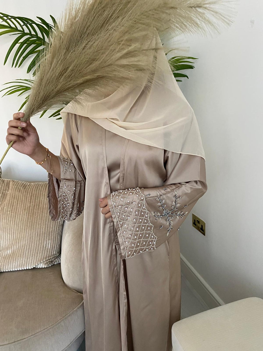 Amina’s Satin Open Abaya Collection-Golden Beige – Mystic Modest Wear